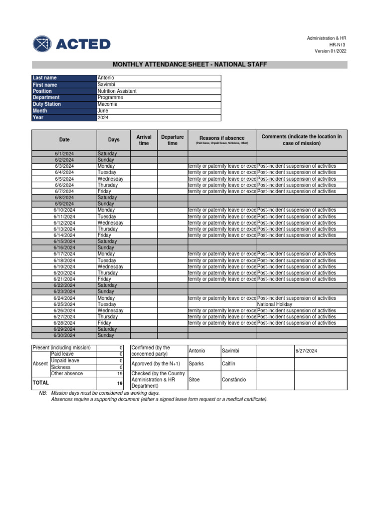 HR-N13 Attendance Sheet Form Monday-Friday - June24 - Macomia - Cs - em ...