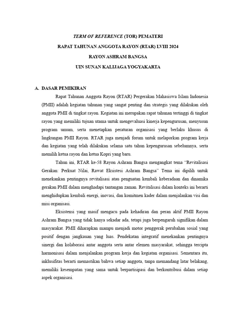 Term of Reference (Tor) Pemateri Stadium General Rtar 2024. | PDF