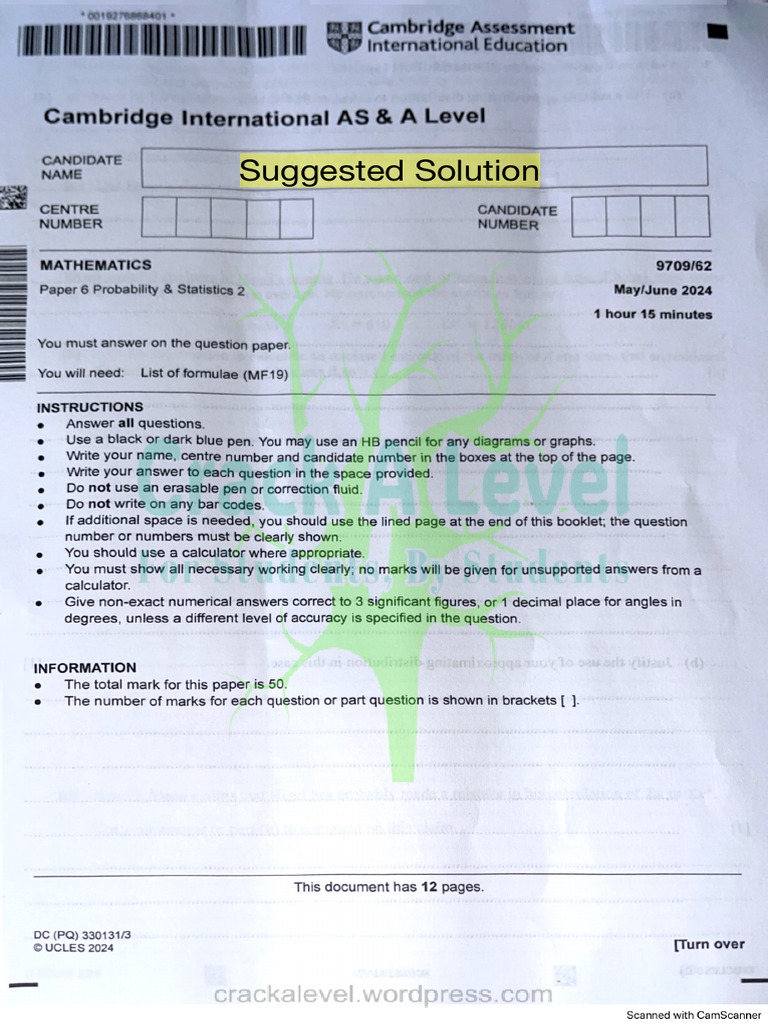 Suggested Solution S2 2024 p62 | PDF | Statistics | Statistical Analysis