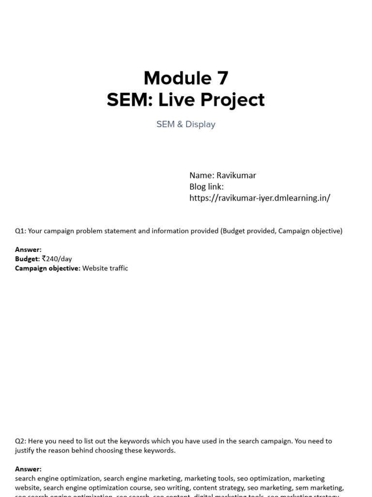 MICA SEM&display Liveproject Ravikumar N | PDF | Search Engine Optimization | Search Engine ...