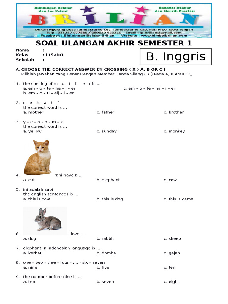 Soal UAS Bahasa Inggris Kelas 1 SD Semester 1 (Ganjil) Dan Kunci Jawaban | PDF | Linguistics ...