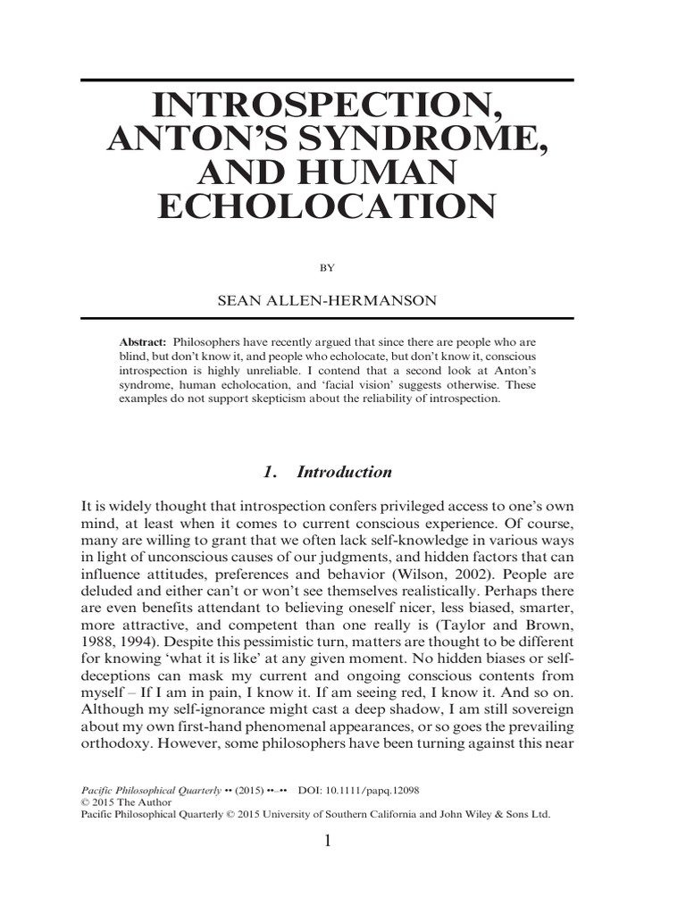 Introspection, Anton'S Syndrome, and Human Echolocation | PDF | Consciousness | Experience