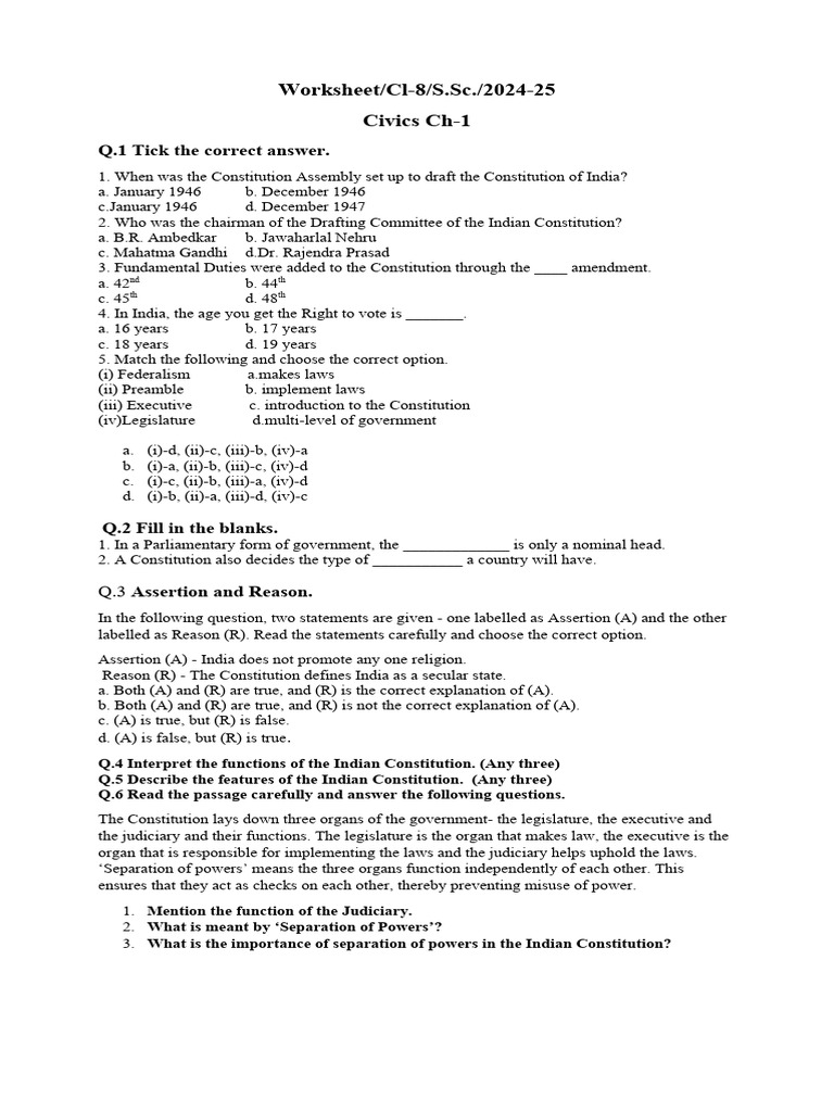 Class 8 Indian Constitution Worksheet | PDF | Separation Of Powers ...