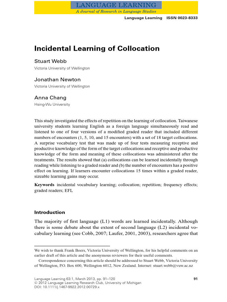 2013 Webb Newton Chang Incidental Learning of Collocation | PDF | Vocabulary | Second Language