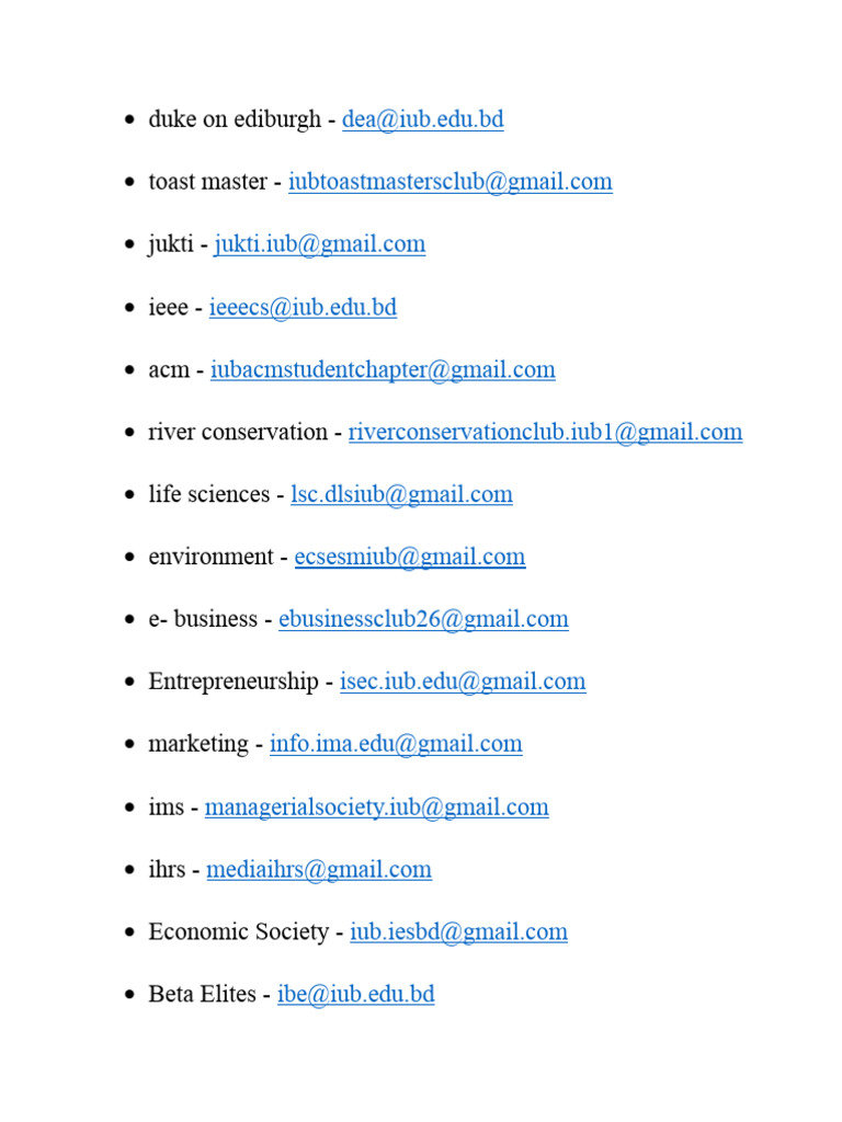 IUB Clubs and Contact Emails List | PDF | Sports & Recreation