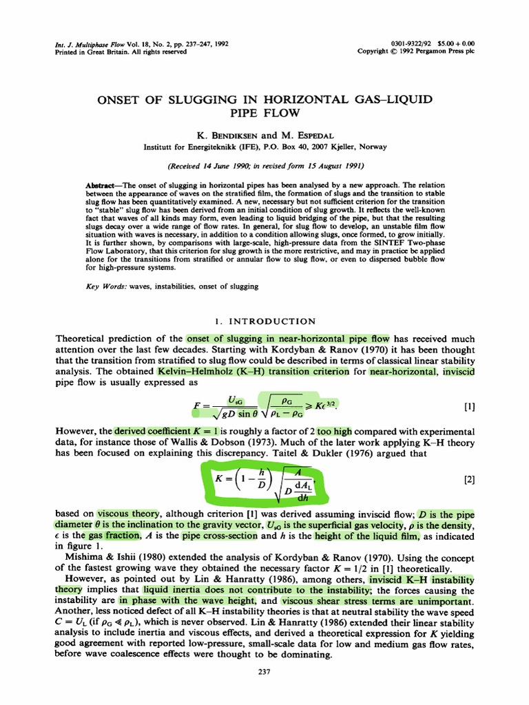 Onset of Slugging in Horizontal Gas-Liquid Pipe Flow Bendiksen1992 ...