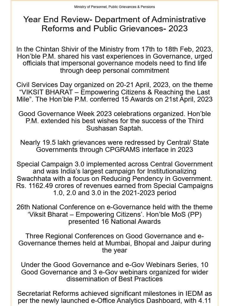 Department of Administrative Reforms and Public Grievances - 2023 | PDF ...