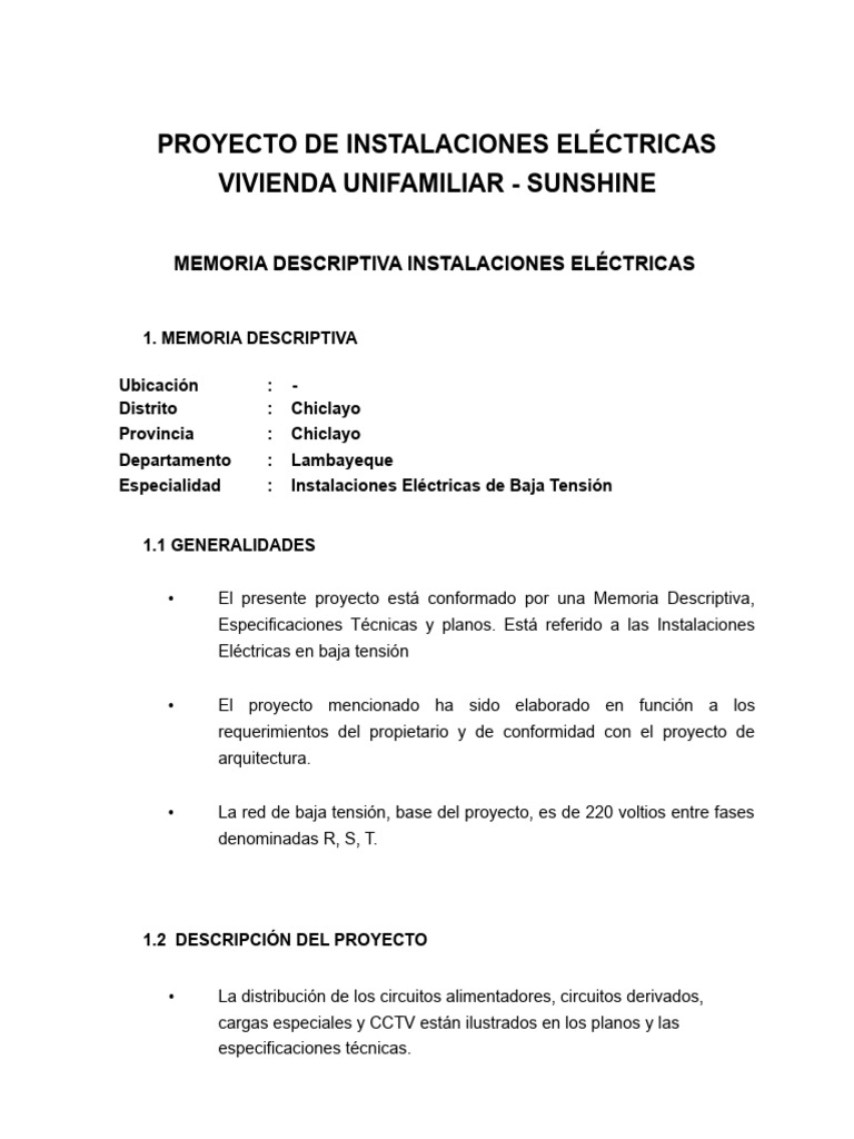 Proyecto de Instalaciones Eléctricas Vivienda Unifamiliar - Sunshine | Descargar gratis PDF ...