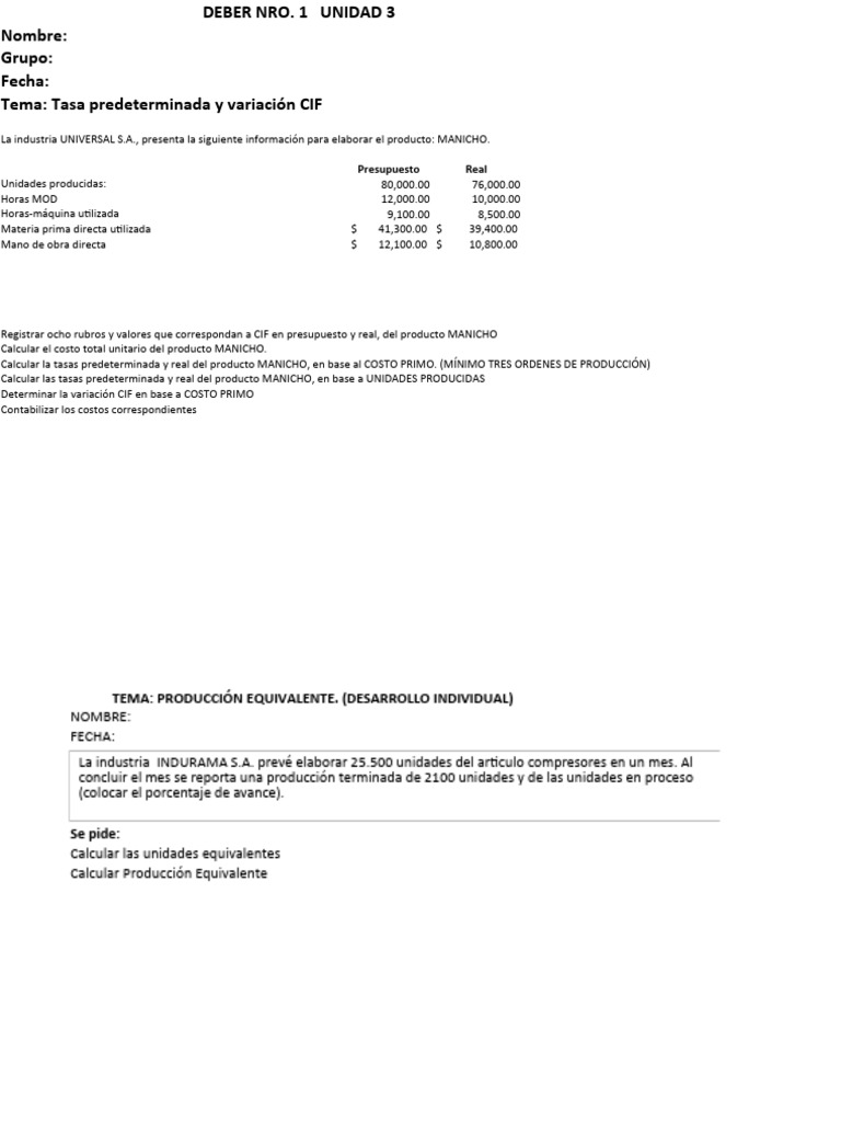 Deber Nro. 1 Calcular Tasa Cif y Variacion | PDF | Informática | Tecnología