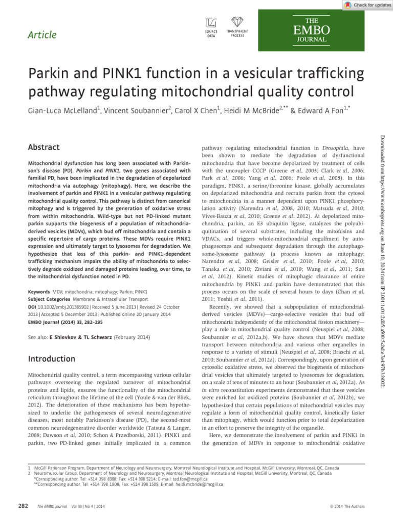 Mclelland Et Al 2014 Parkin and Pink1 Function in A Vesicular ...