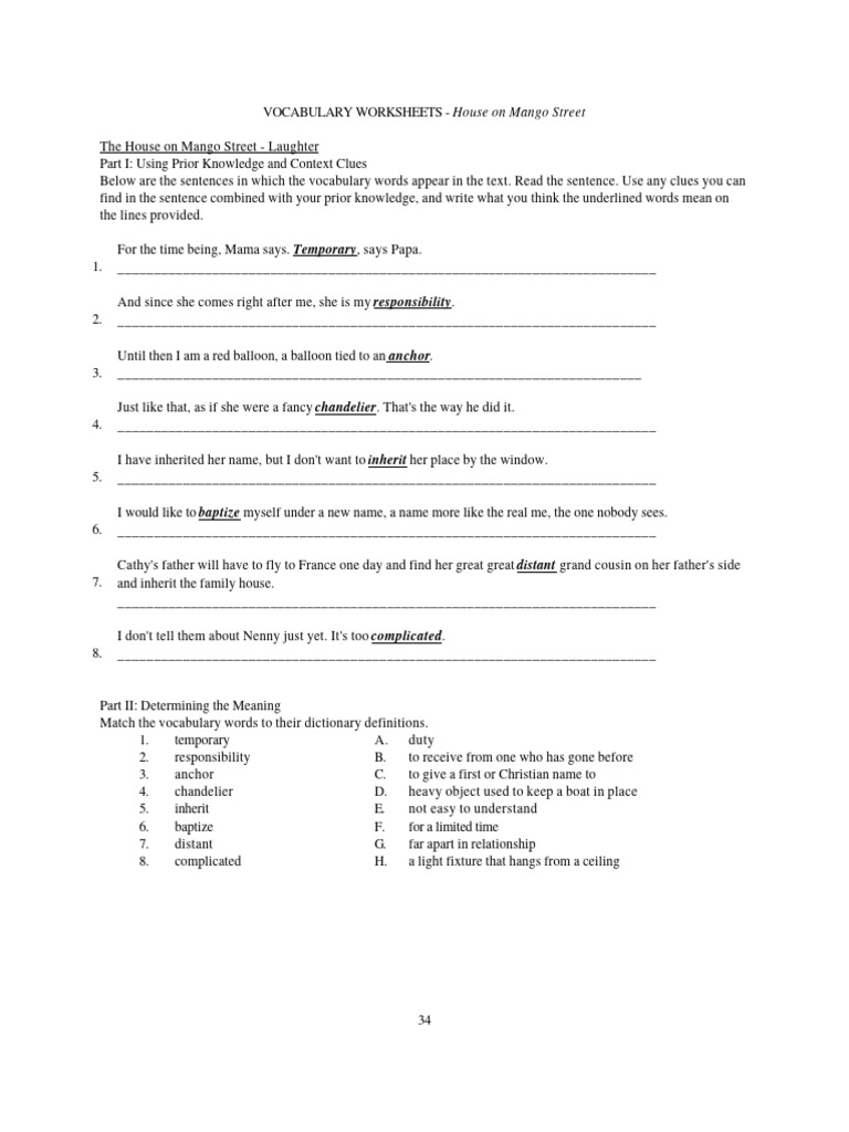 Vocabulary Worksheets for House on Mango Street | PDF | Vocabulary