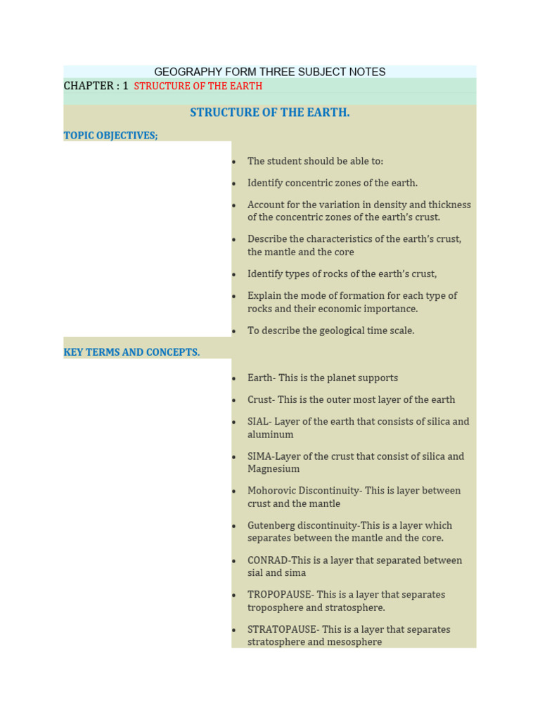 Geography Form Three Subject Notes | PDF | Rock (Geology) | Igneous Rock
