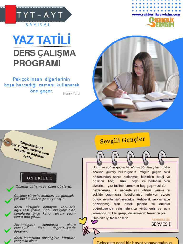 TYT AYT Sayisal Yaz Tatili Ders Calisma Programi | PDF