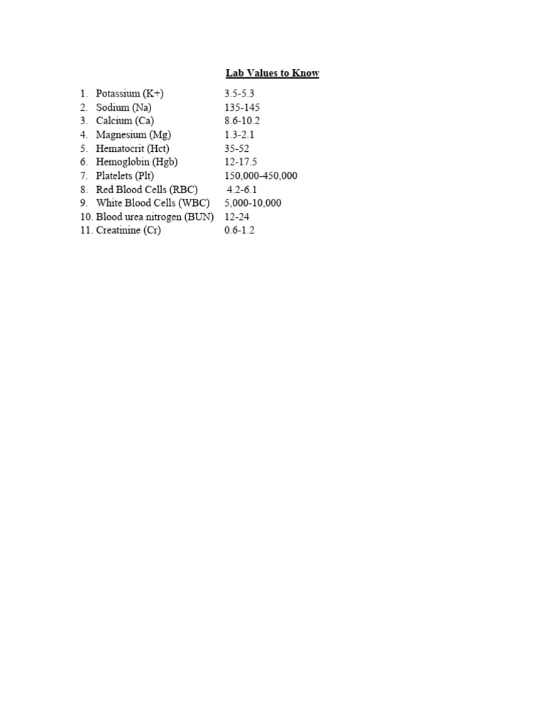 Lab Values To Know | PDF