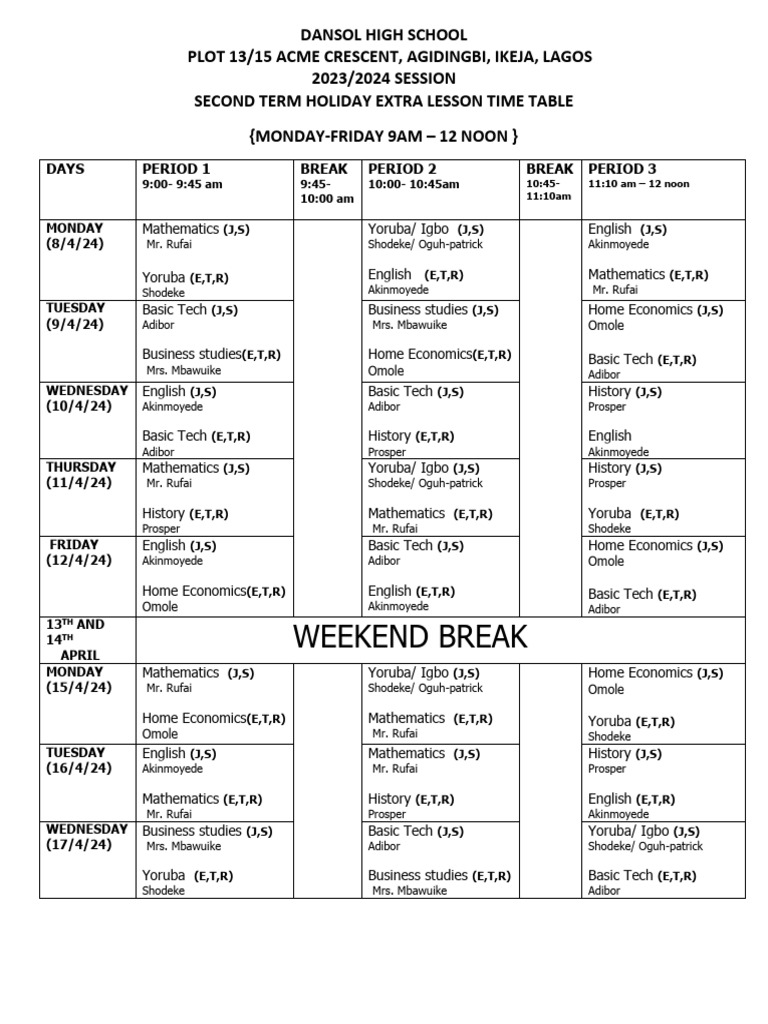 Jss3 Holiday Extra Lesson Time Tale Gyat) | PDF