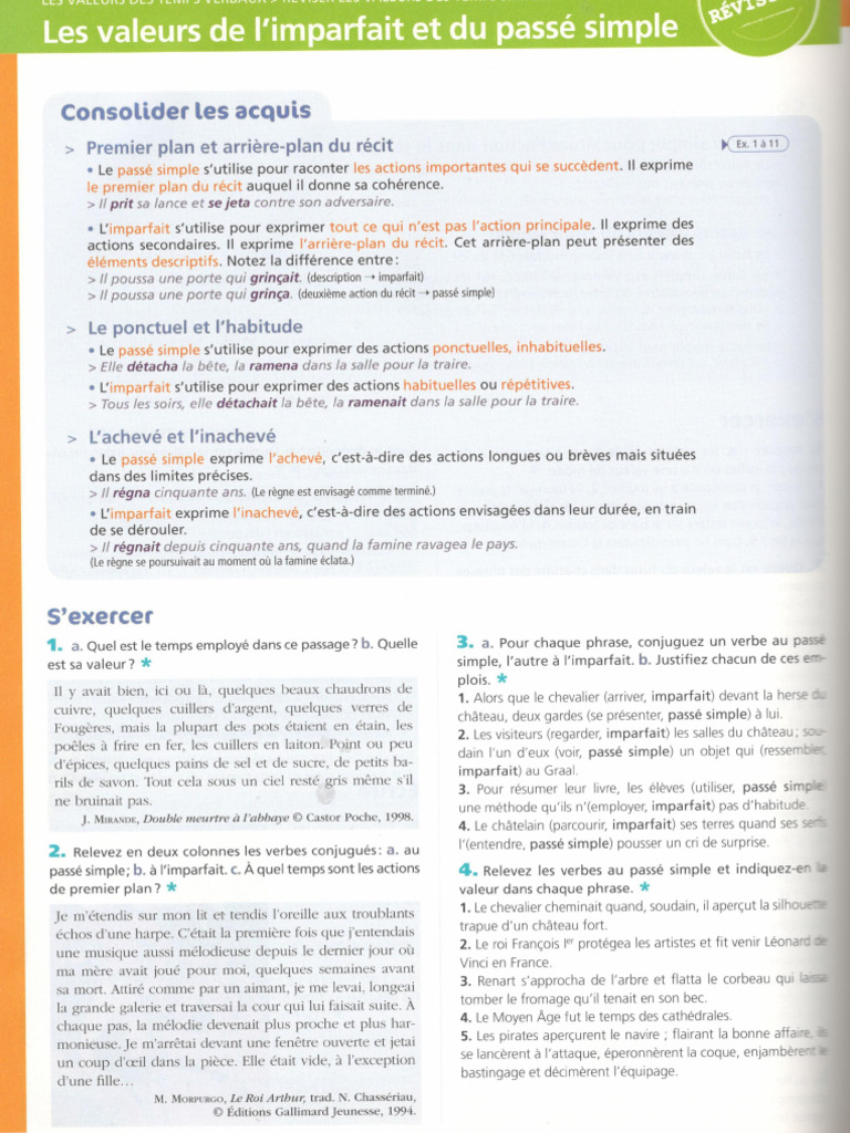 Exercices Les Valeurs de l%27imparfait Et Du Passe Simple Page 1 | PDF
