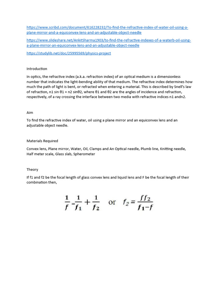 To Find The Refractive Index of Water, Oil Using A Plane Mirror and An Equi-Convex Lens and An ...