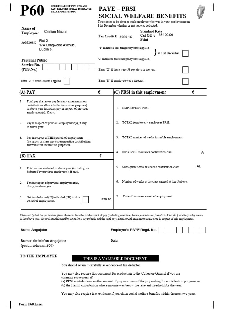 Ireland Form p60 - 1 | PDF | Taxation | Economies