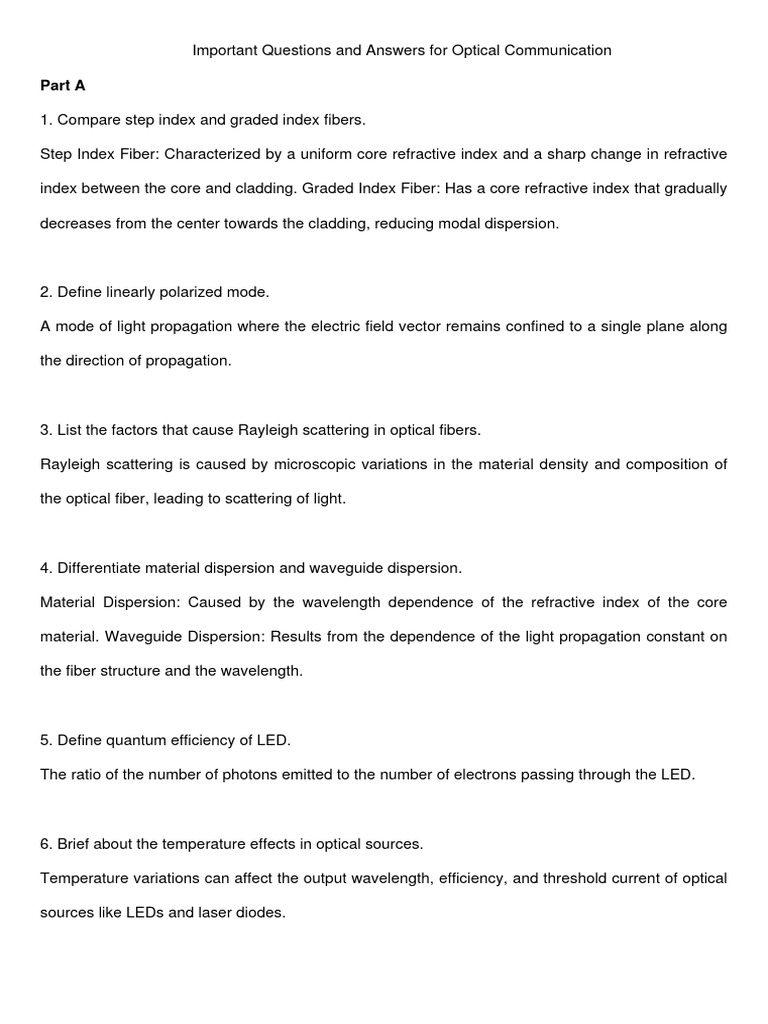 Important Questions and Answers For Optical Communication | PDF ...