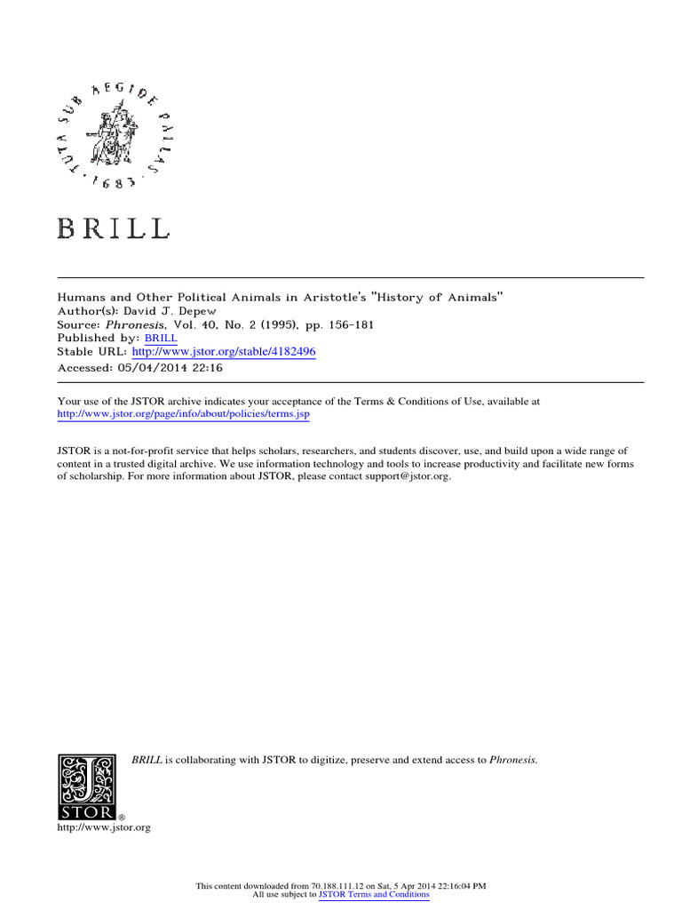 David J. Depew - Humans and Other Political Animals in Aristotle - S ...
