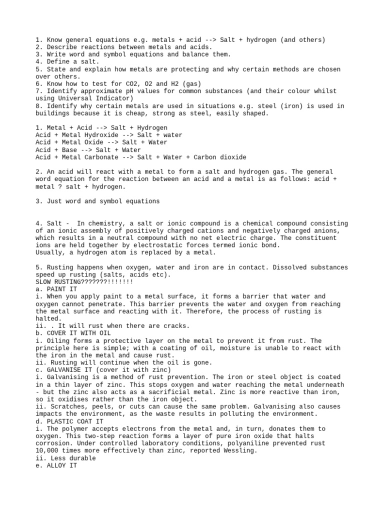 Chemistry End of Topic Test Help | PDF | Salt (Chemistry) | Rust