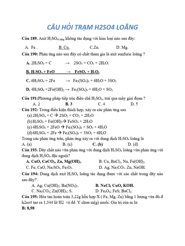 CÂU HỎI TRẠM H2SO4 LOÃNG | PDF