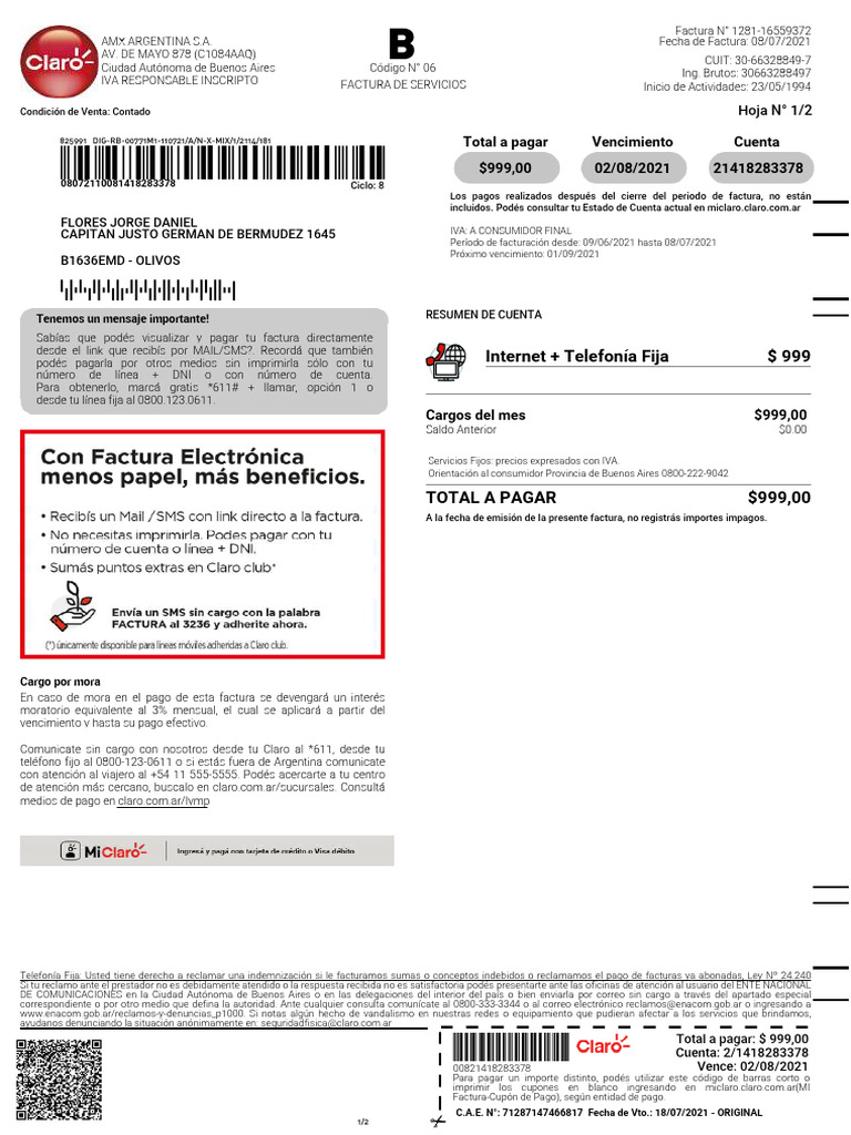 Factura Claro 07 2021 | PDF