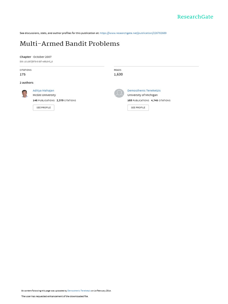 Multi-Armed Bandit Problems | PDF | Probability Theory | Applied Mathematics