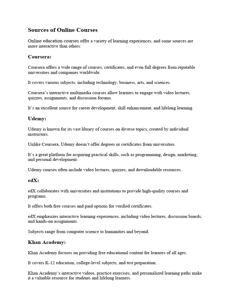Sources of Online Courses and Finance | PDF | Educational Technology ...