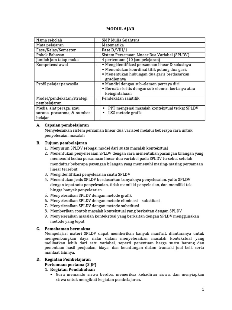 Modul Ajar SPLDV Januari 2024 | PDF | Karier & Perkembangan