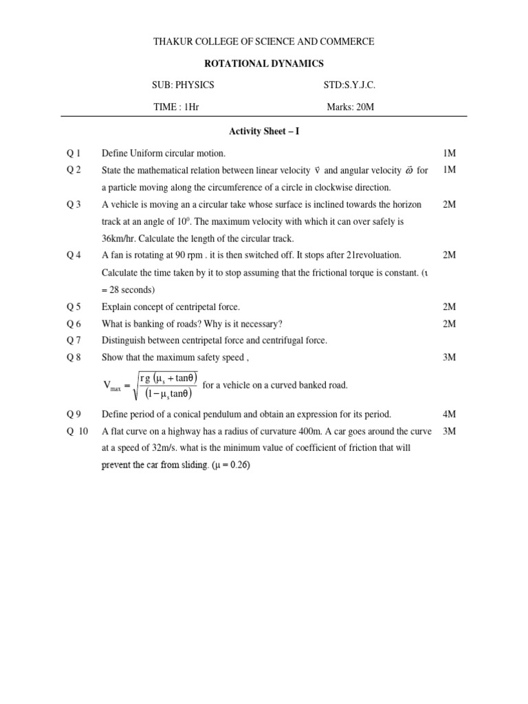 Rotational Dynamics Activity Sheet | PDF | Rotation Around A Fixed Axis | Rotation
