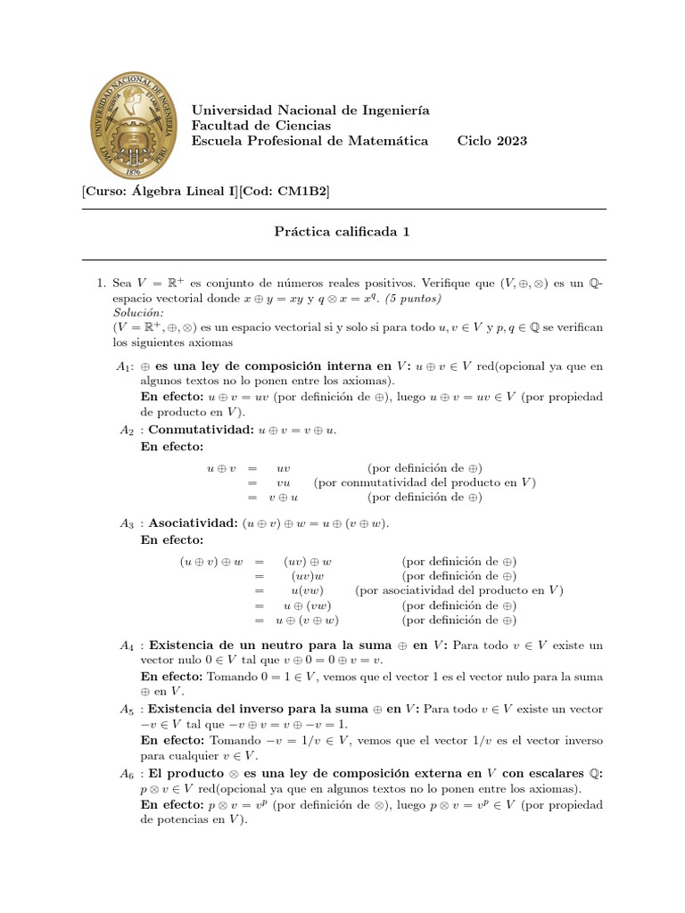 PC1 Sol | PDF | Espacio vectorial | Subespacio lineal