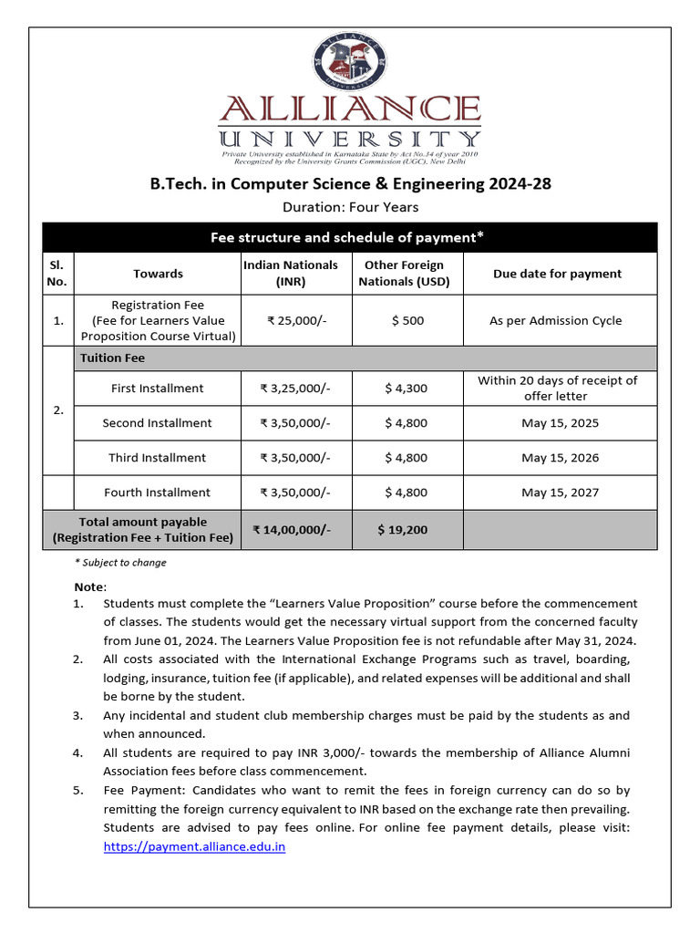 B.tech. - CSE Fee Structure-2024 | PDF | Fee | Payments