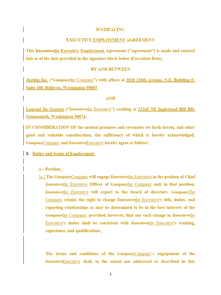 Justifai Executive Employment Agreement | PDF | Trade Secret | Arbitration