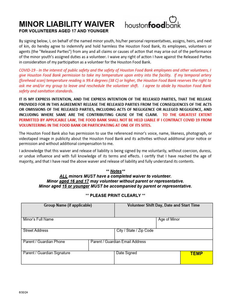 INDIV Minor Waiver Form COVID-19 - English | PDF | Legal Liability ...