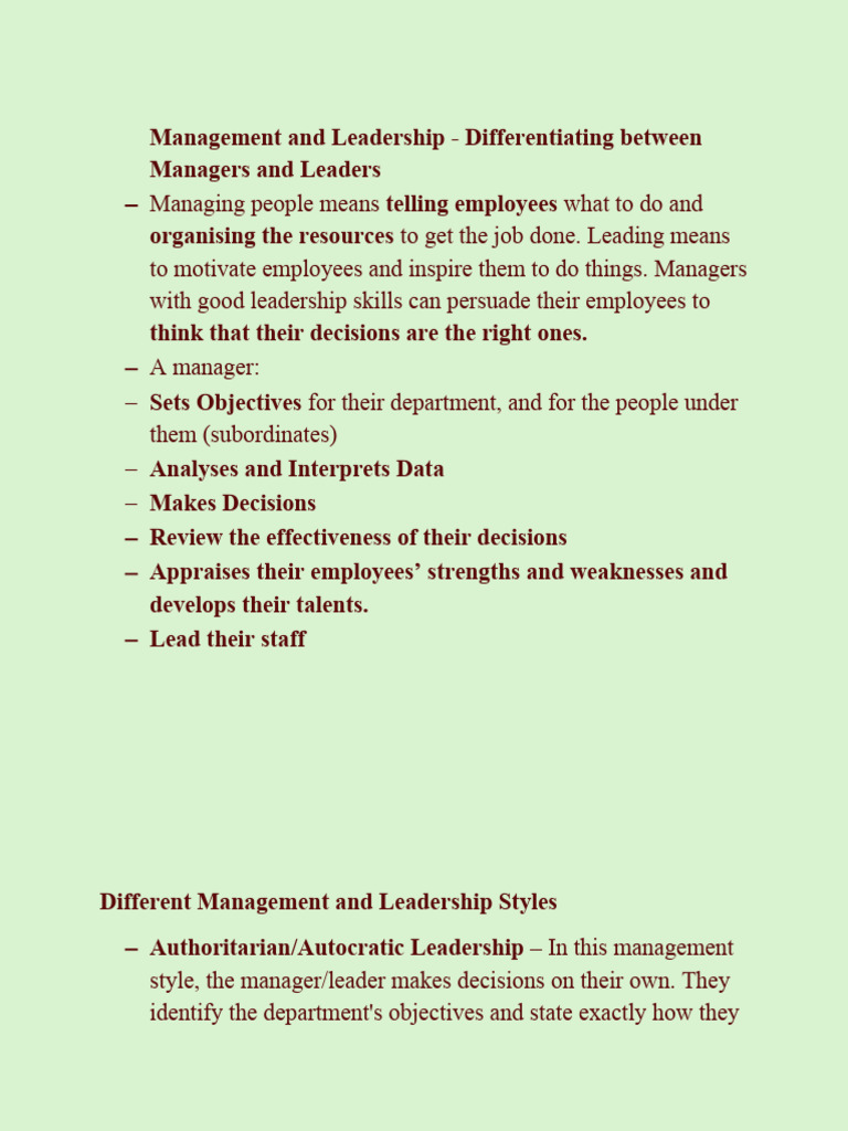 Management vs. Leadership Styles Explained | PDF | Leadership ...