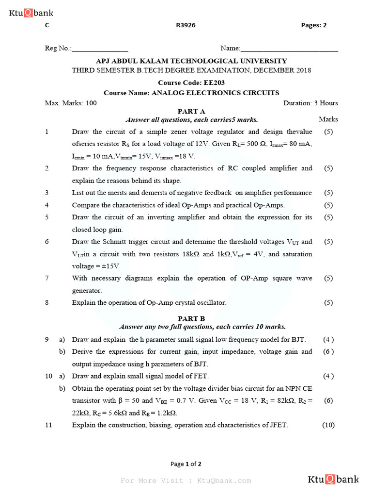 2018 Dec. EE203-E - Ktu Qbank | PDF | Amplifier | Operational Amplifier