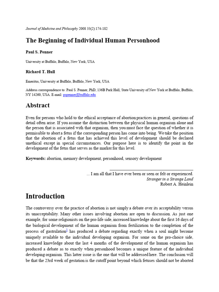 The Beginning of Individual Human Personhood | PDF | Fetal Viability ...