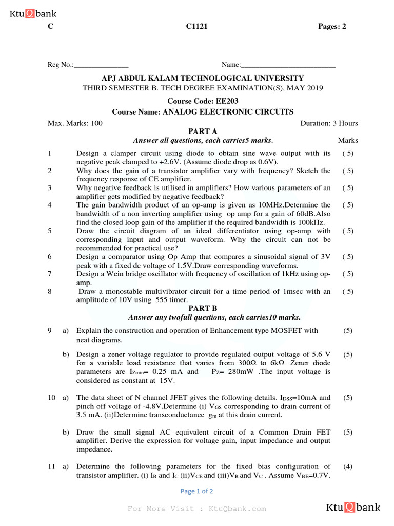 2019 May EE203-F - Ktu Qbank | PDF | Amplifier | Operational Amplifier
