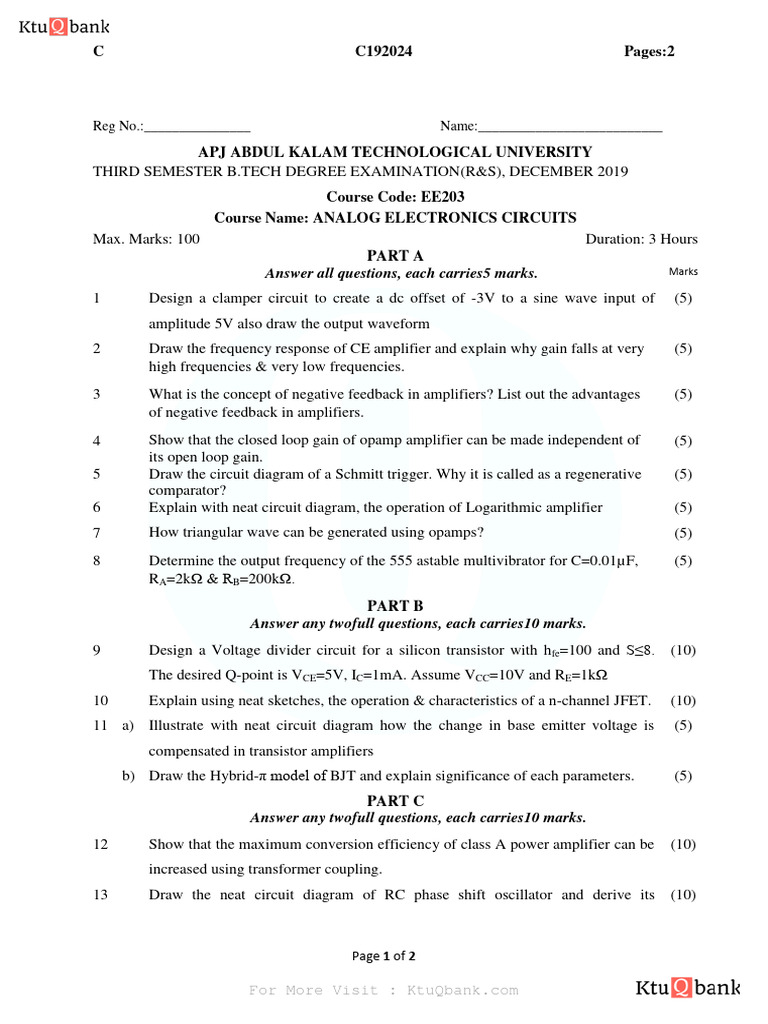 2019 Dec. EE203-H - Ktu Qbank | PDF | Amplifier | Operational Amplifier