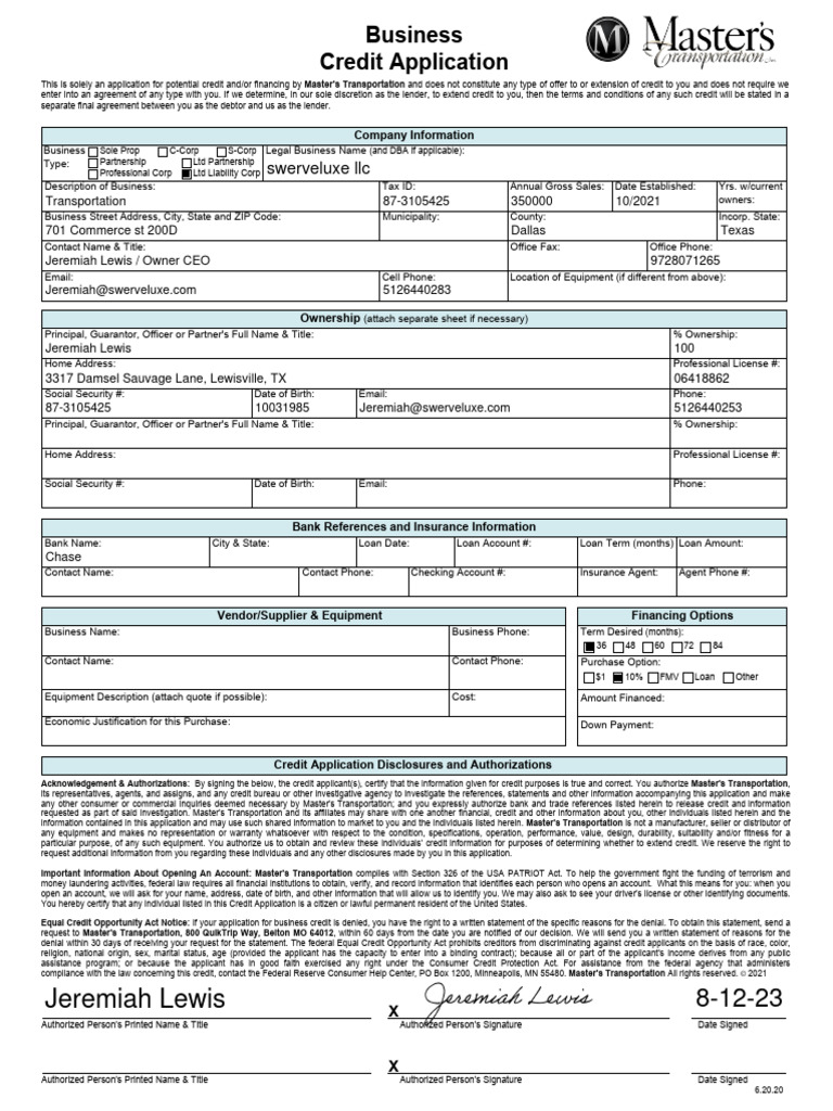 Masters Transportation Business Credit Application | PDF | Credit ...