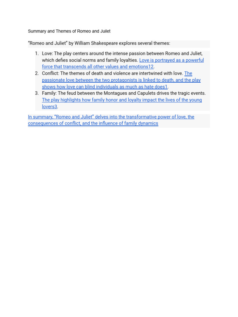 Summary and Themes of Romeo and Juilet | PDF
