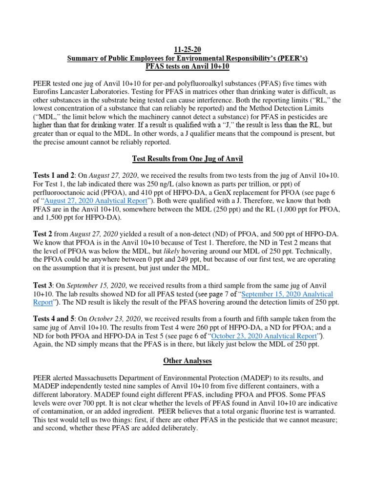 PFAS Levels in Anvil 10+10 Pesticide | PDF | Detection Limit | Chemistry