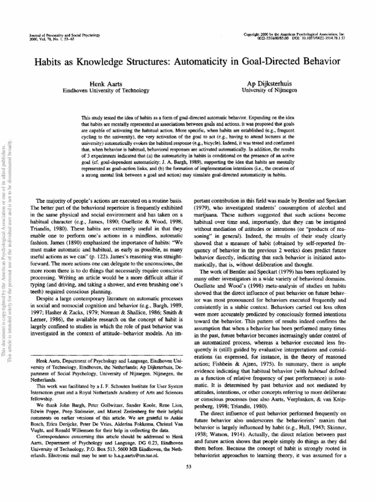 Aarts2000 Habits As Knowledge Structures Automaticy in Goal Directed ...