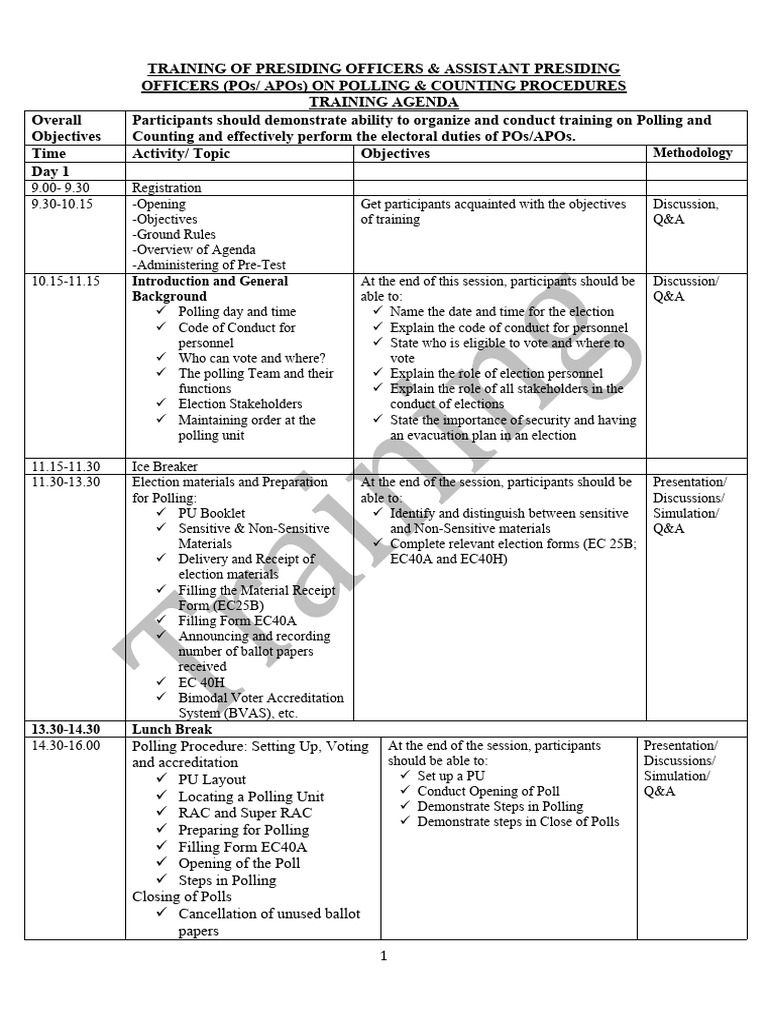 Training Agenda For POs & APOs | PDF | Elections | Political Events