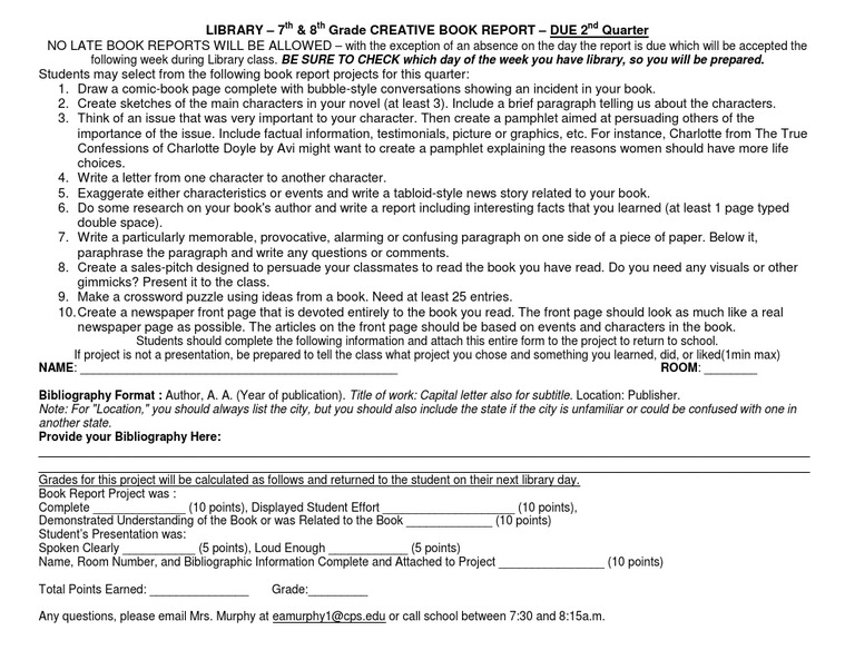 7th Grade Book Report Options2 | PDF | Books | Bibliography