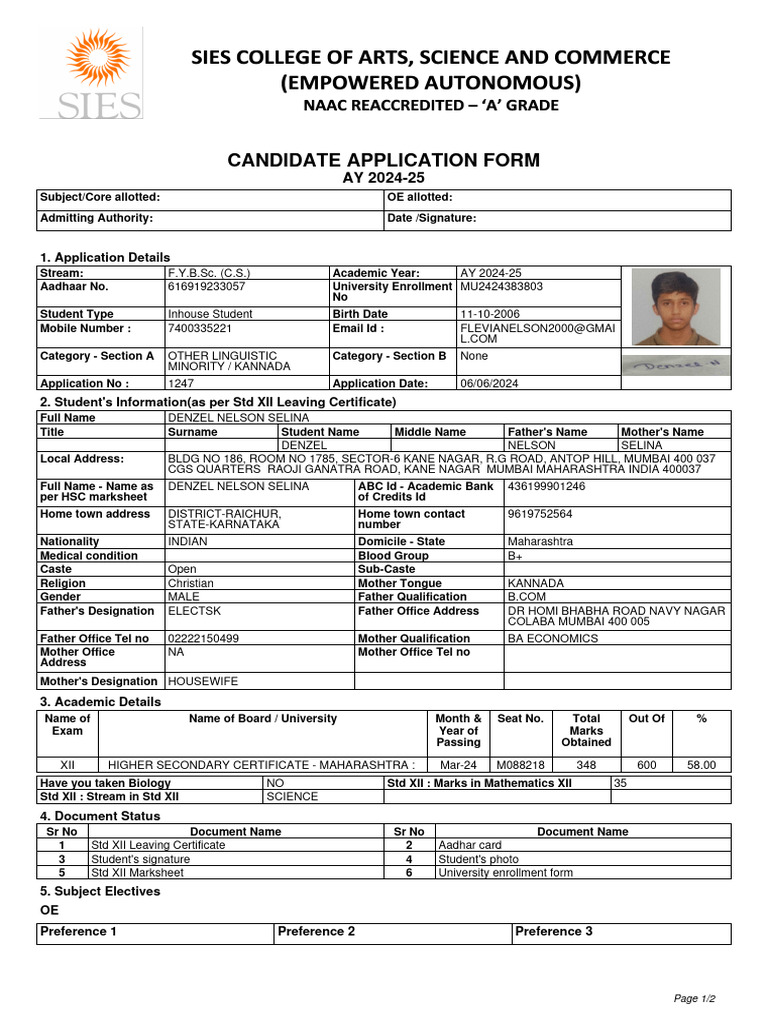 F.y.b.sc. (C.S.) - Denzel Nelson Selina - 1247 Application | PDF | University And College ...