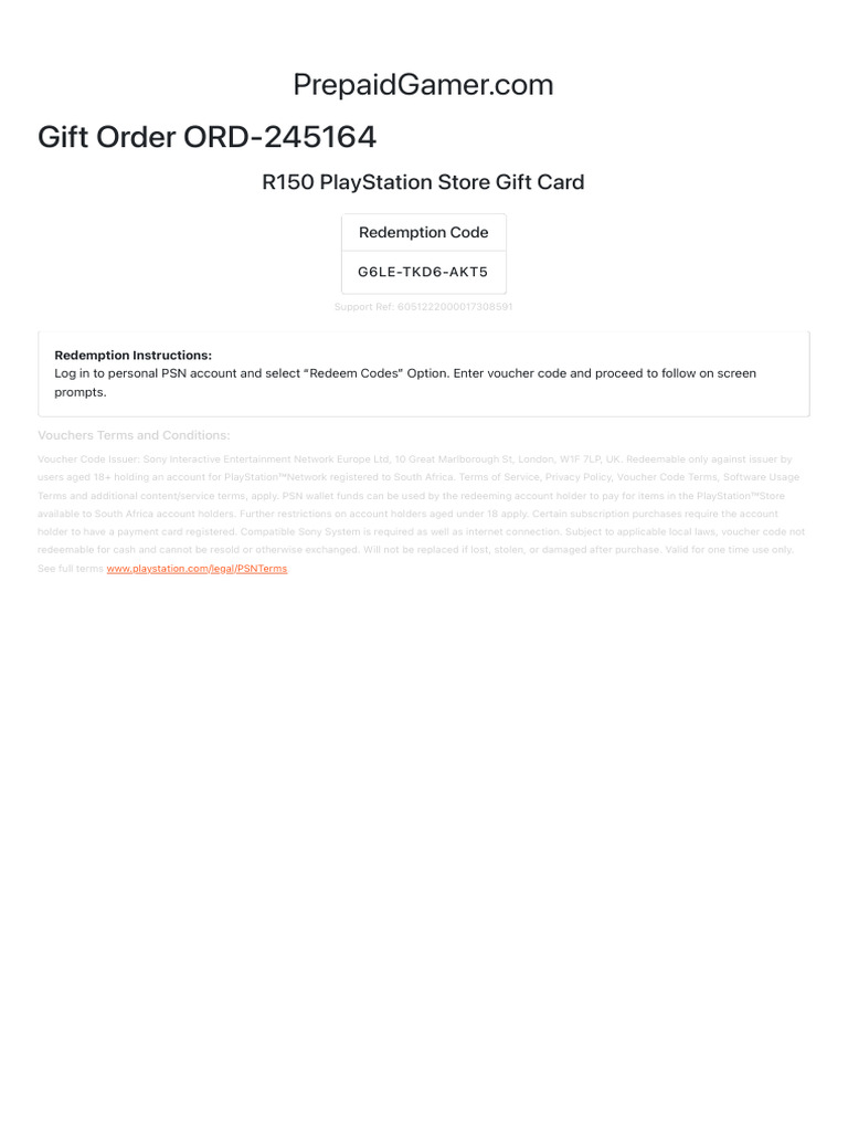 R150 PlayStation Store Gift Card - Order # 245164 | PDF