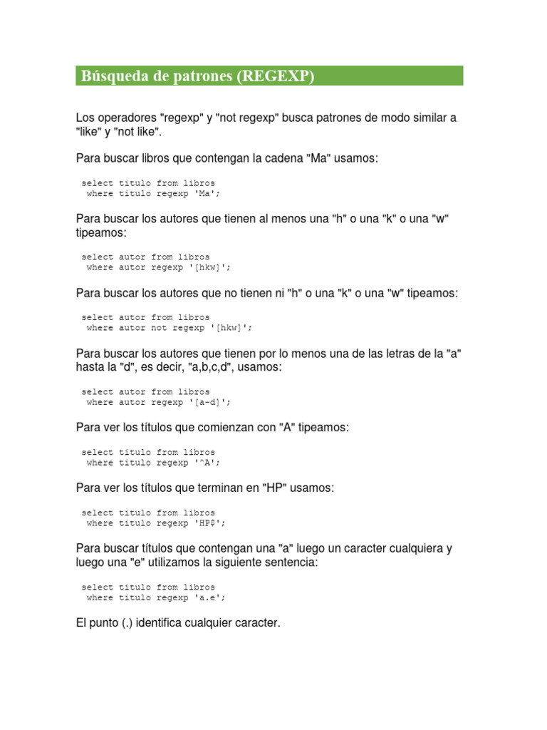 24 - Búsqueda de Patrones (REGEXP) | PDF | Expresión regular | Bases de datos
