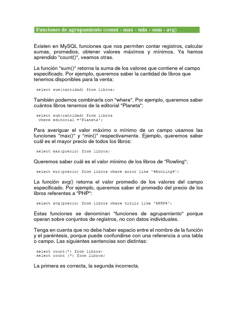 27 - Funciones de Agrupamiento (Count - Max - Min - Sum - Avg) | PDF | Gestión de datos | Bases ...